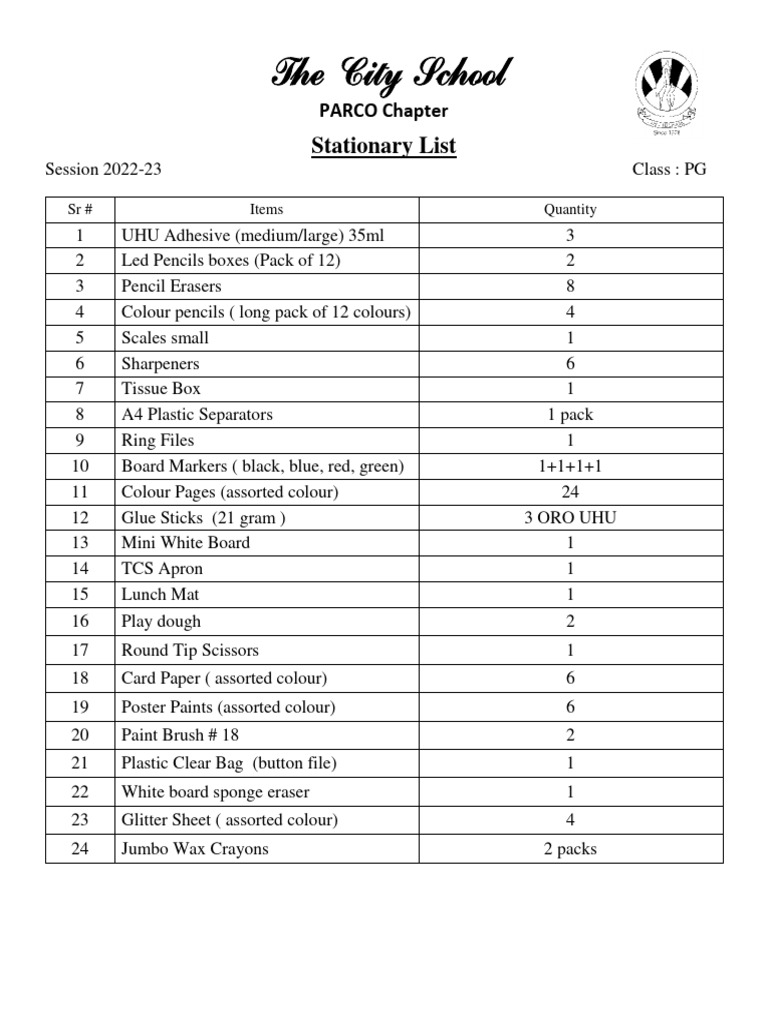 Staionary LIst 2023 | PDF | Pencil | Stationery