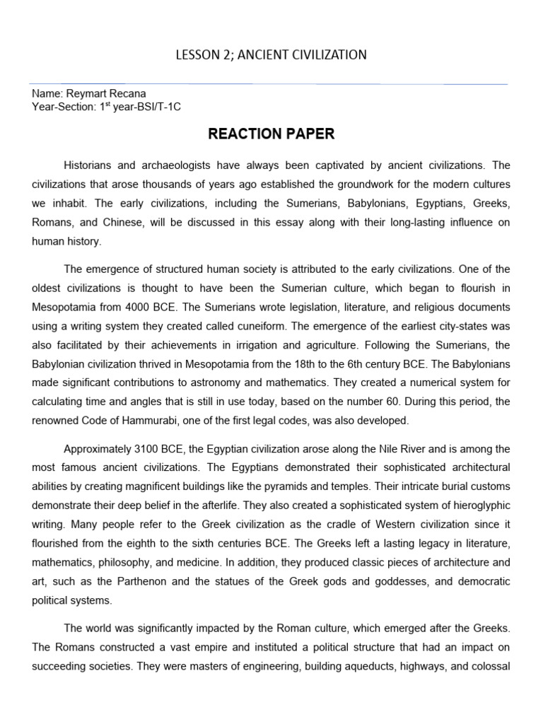 Ancient Civilization (Reaction Paper) | PDF | Mesopotamia | Civilization