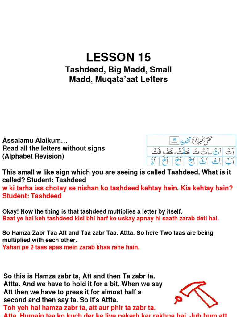 Lesson 15 Tashdeed, Big Madd, Small Madd and Muqata'aat Letters | PDF ...