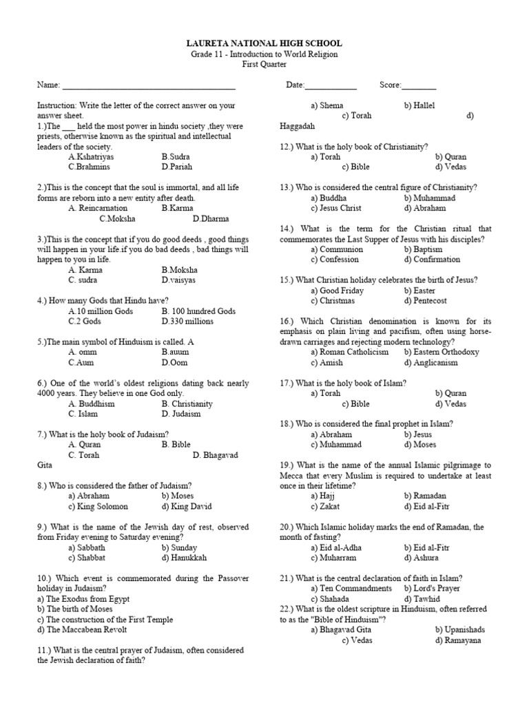 1ST Quarter Exam - Intro To World Religion | PDF | Deities | Greek ...