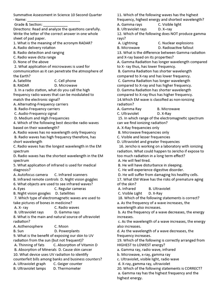 Quiz - Electromagnetic Spectrum | PDF | Electromagnetic Spectrum ...