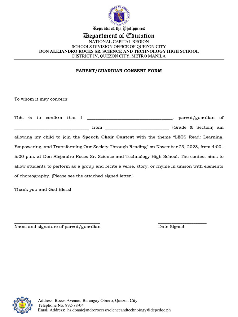 Speech Choir Contest Consent Form | PDF | Metro Manila | Manila