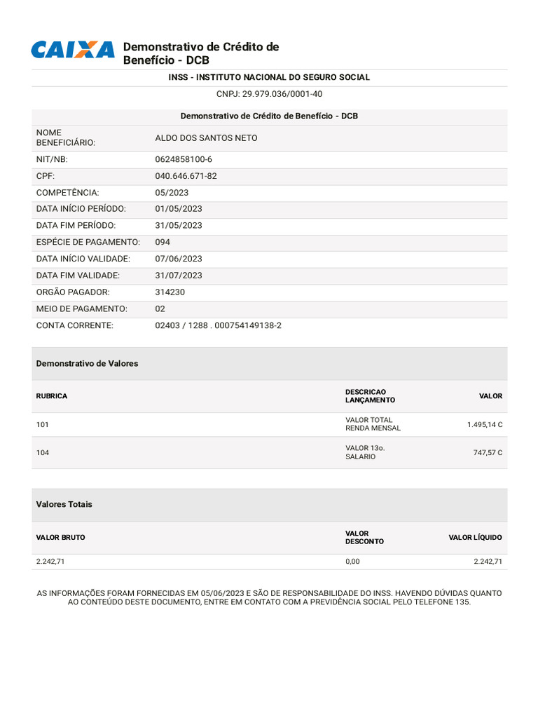 Demonstrativo de Crédito de Benefício - DCB: Rubrica Descricao ...