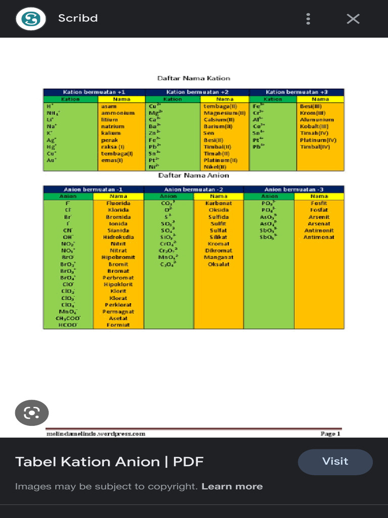 Tabel Kation Dan Anion Lengkap PDF - Google Search | PDF