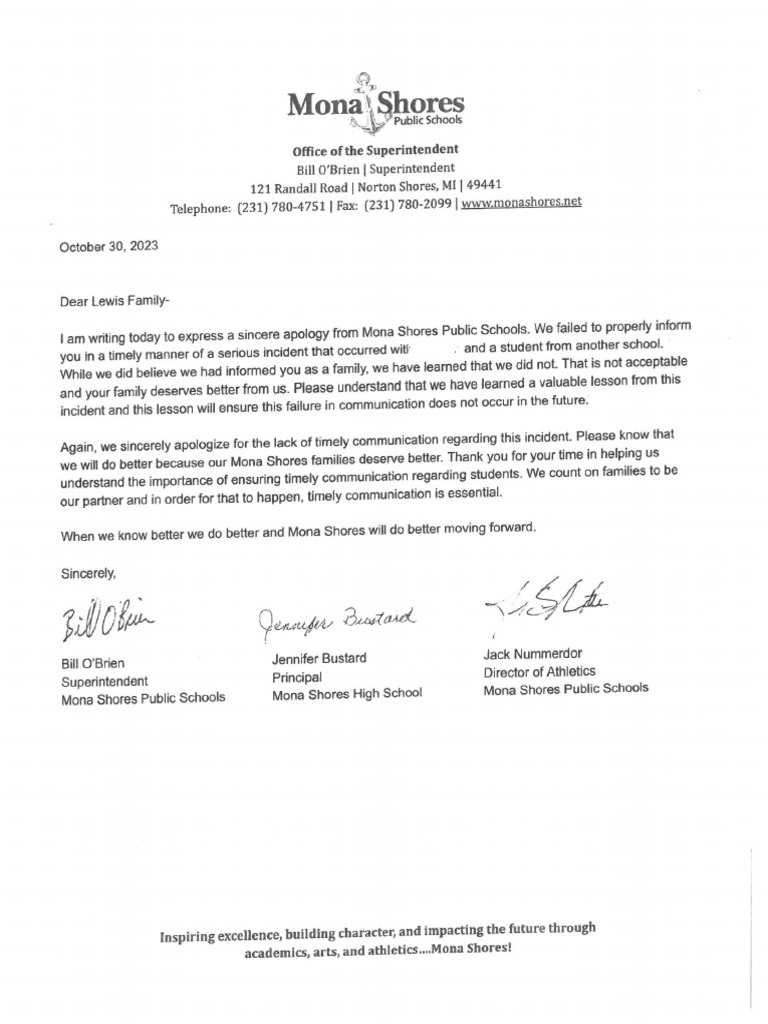 Mona Shores Apology Letter | PDF