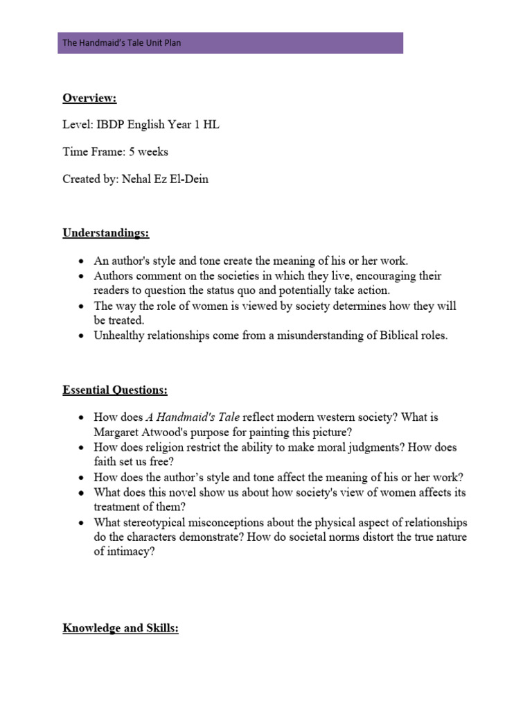 Handmaid's Tale Teaching Unit Plan | PDF | Narration | Lesson Plan