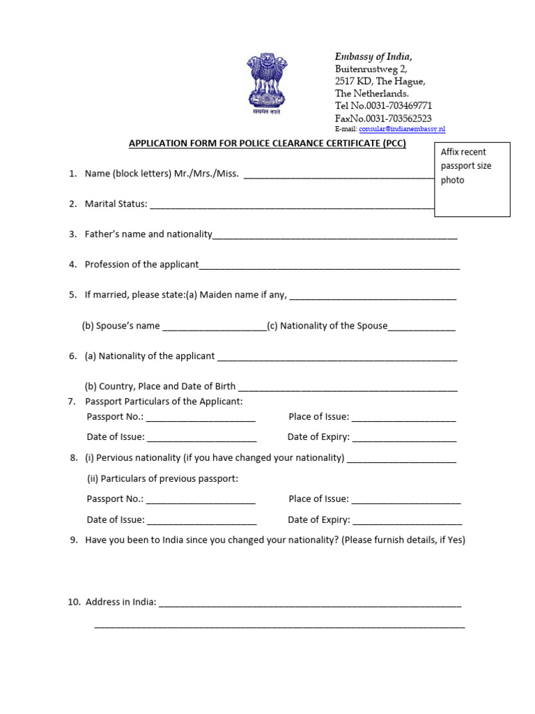 Application Form For Police Clearance Certificate (PCC) | PDF | International Law | Government ...