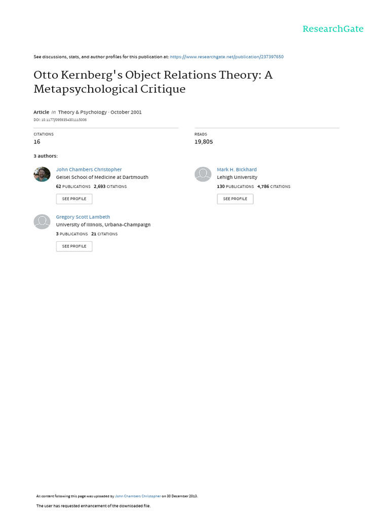 Otto Kernbergs Object Relations Theory A Metapsyc | PDF | Object ...