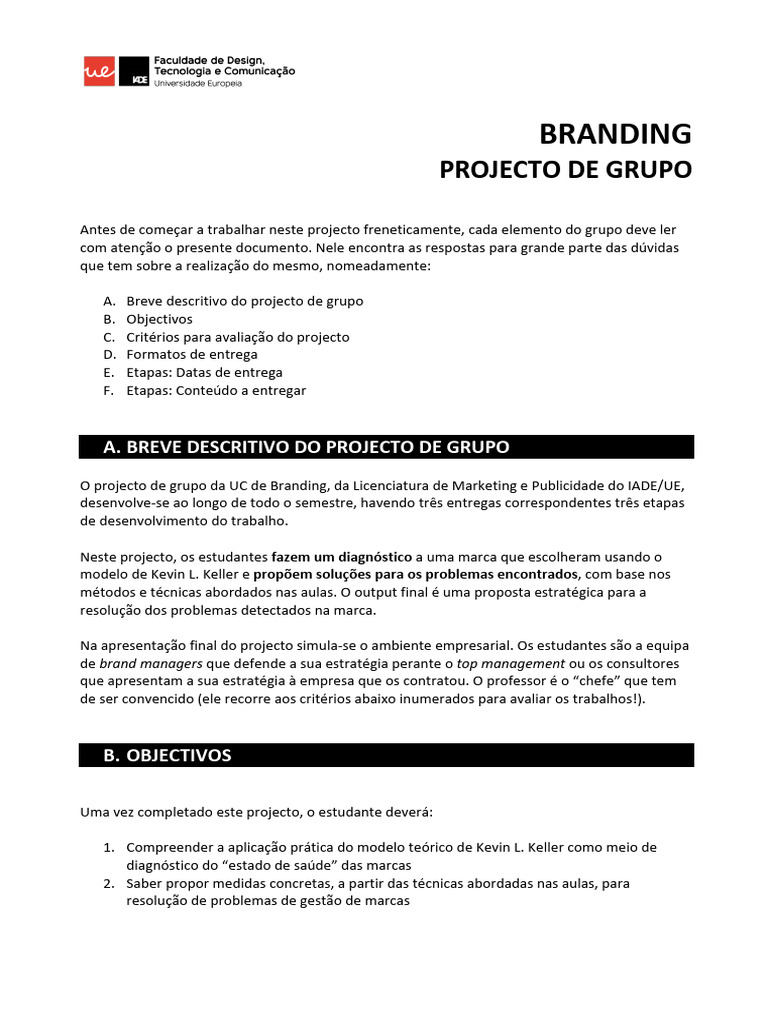 Branding - Enunciado para Projecto de Gestão Estratégica de Marca 2022 | PDF | Marca | Mercado ...