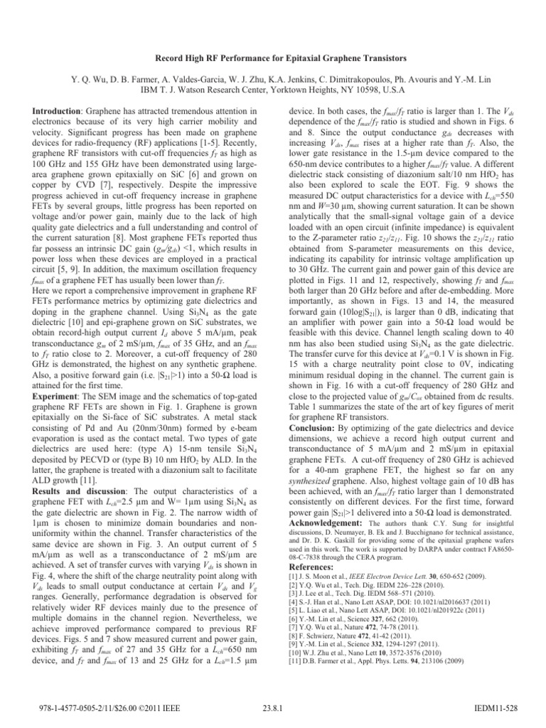 (2011 IEDM) Record High RF Performance For Epitaxial Graphene Transistors | PDF | Field Effect ...