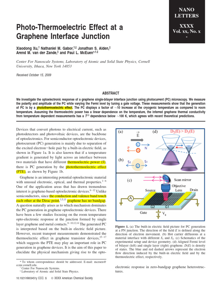 (2010 Nano Lett Photo-Thermoelectric Effect at A Graphene Interface Junction | PDF | Graphene ...