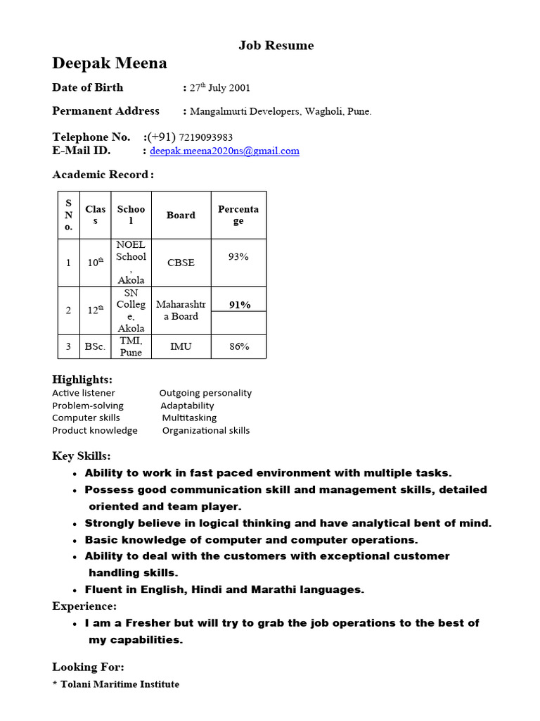 Deepak Meena Resume | PDF | Career & Growth