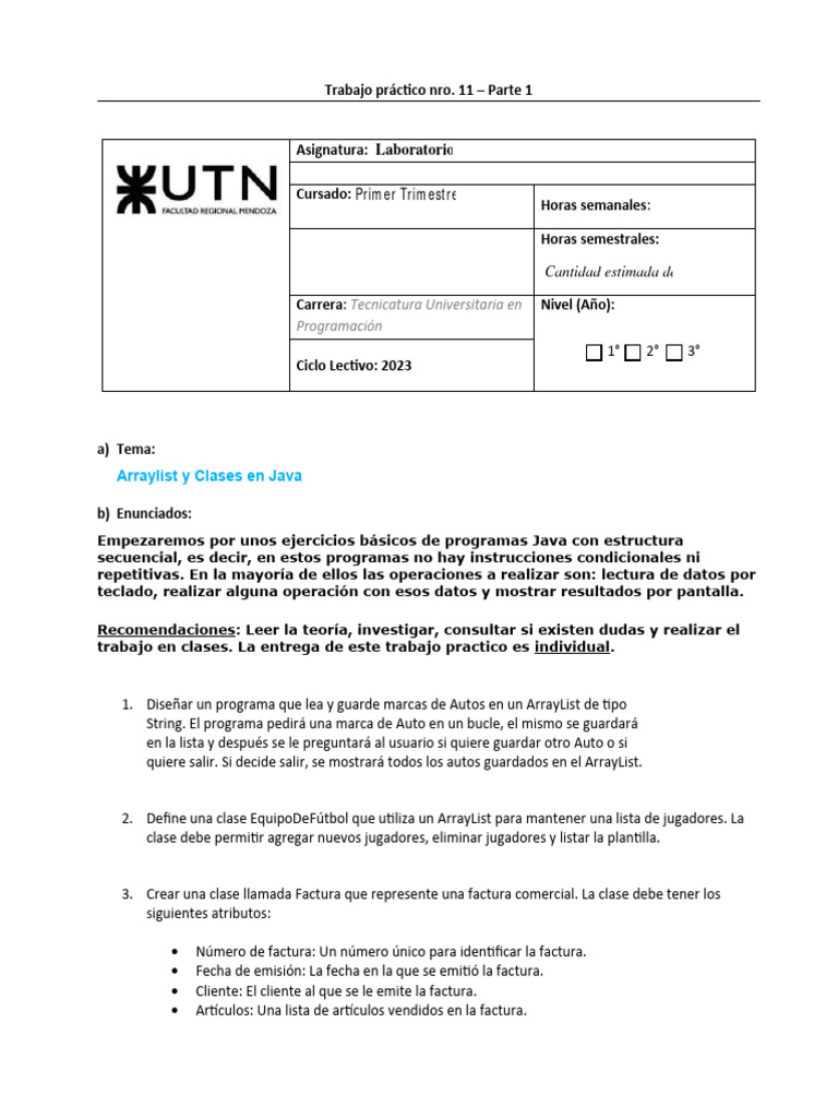 Ejercicios Java: ArrayList y Clases | PDF | Factura | Java (lenguaje de programación)