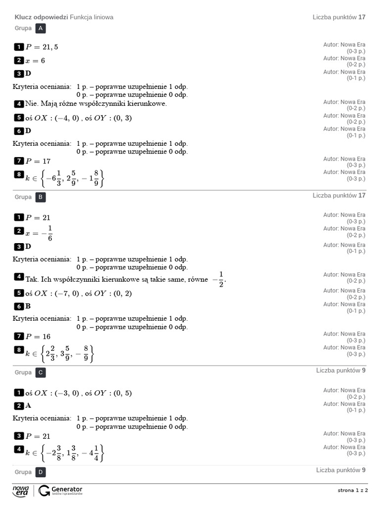 Funkcja Liniowa Klucz Odpowiedzi | PDF