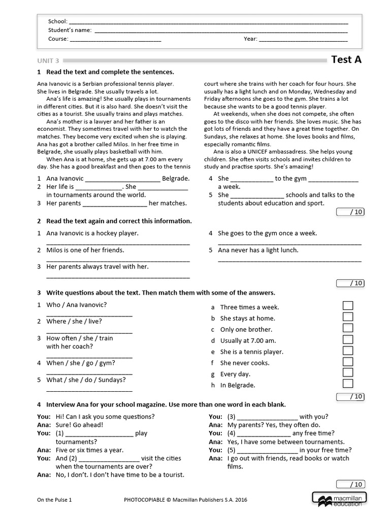 Otp1 Unit 3 Test A Pdf Workweek And Weekend