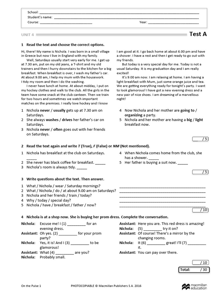 OTP1 Unit 4 Test A | PDF