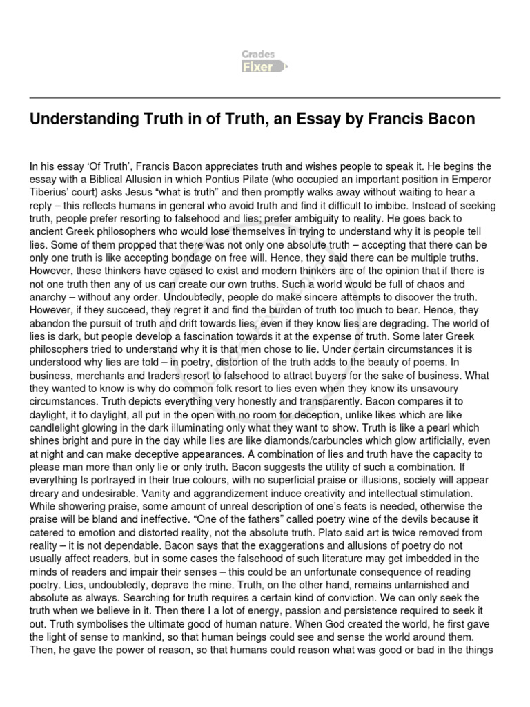 Understanding Truth in of Truth, An Essay by Francis Bacon | PDF | Truth | Deception