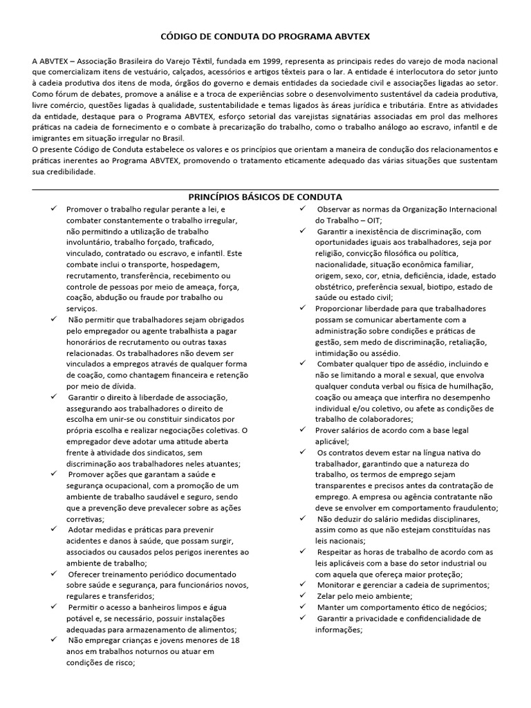 Código de Conduta do Programa ABVTEX | PDF | Sindicato | Estado