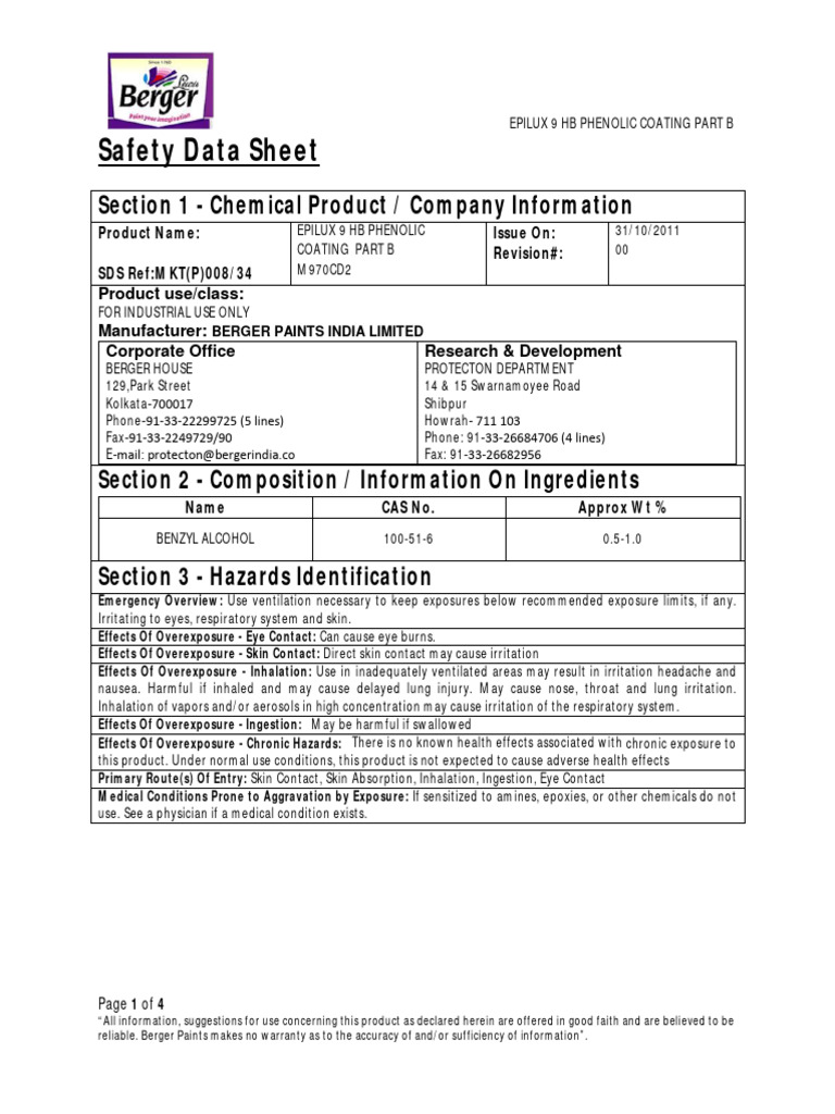 SDS - 34 - Epilux 9 HB Phenolic Coating Part B - 00 - 175 | PDF ...