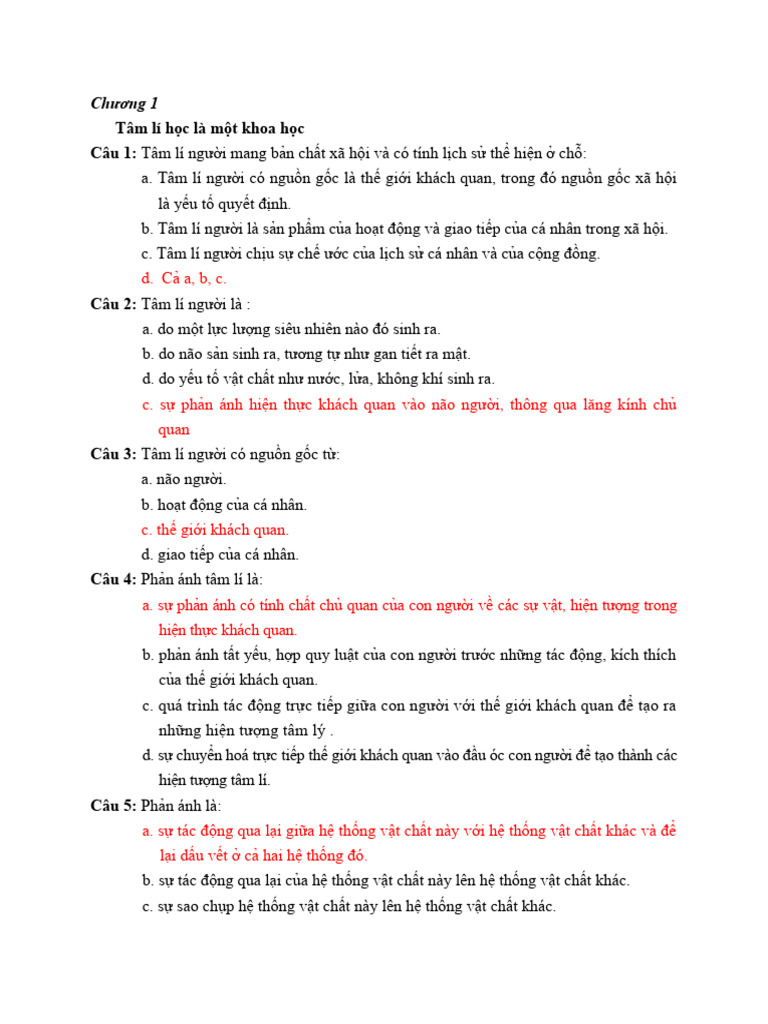 Trắc nghiệm. chương 1- TLH là một khoa học | PDF