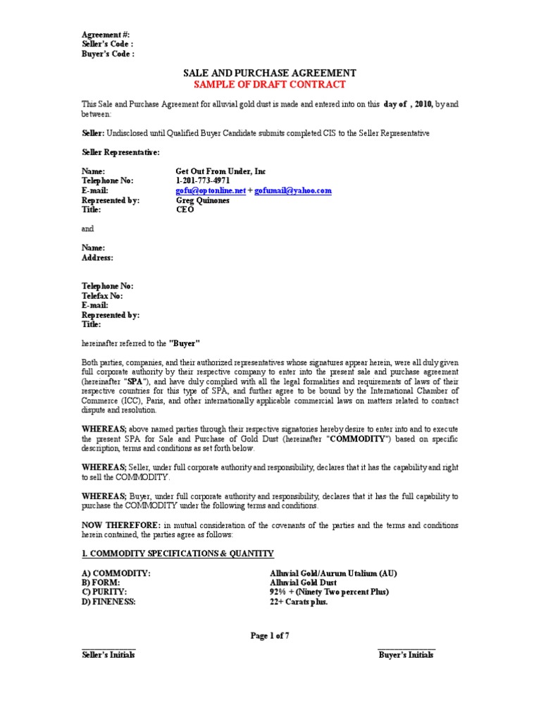 Gold Sale and Purchase Agreement Sample | PDF | Letter Of Credit | Invoice