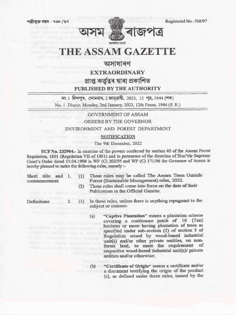 Assam Trees Outside Forest Sustainable Management Rules 2022 | PDF