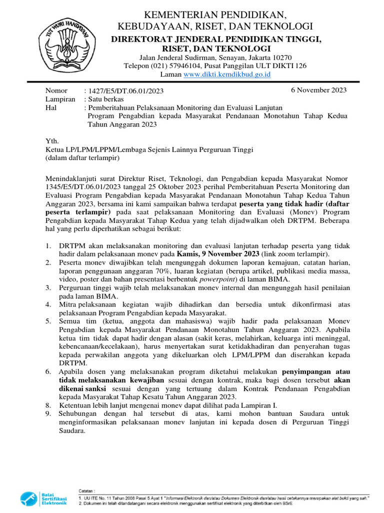 (Susulan Tahap Kedua) Pemberitahuan Peserta Monitoring Dan Evaluasi Program Pengabdian Kepada ...