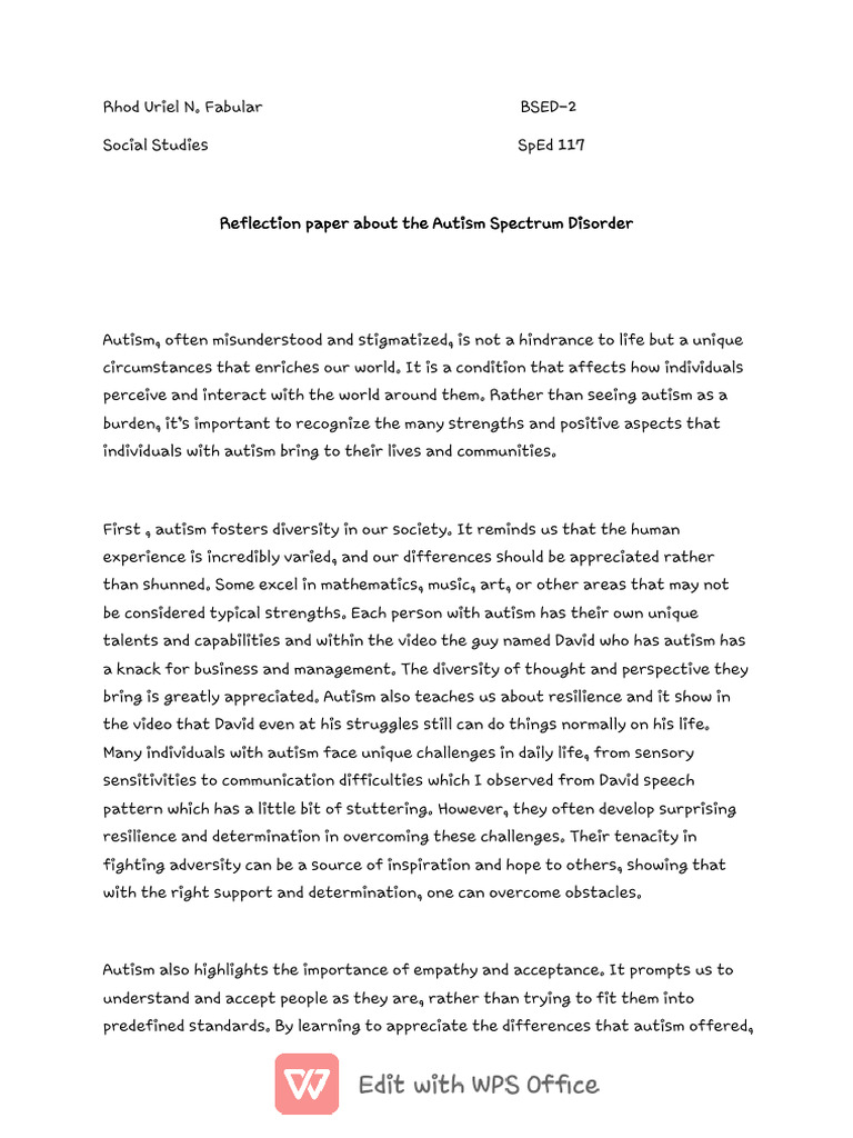 Autism Reflection: Embracing Diversity | PDF | Autism Spectrum | Cognition