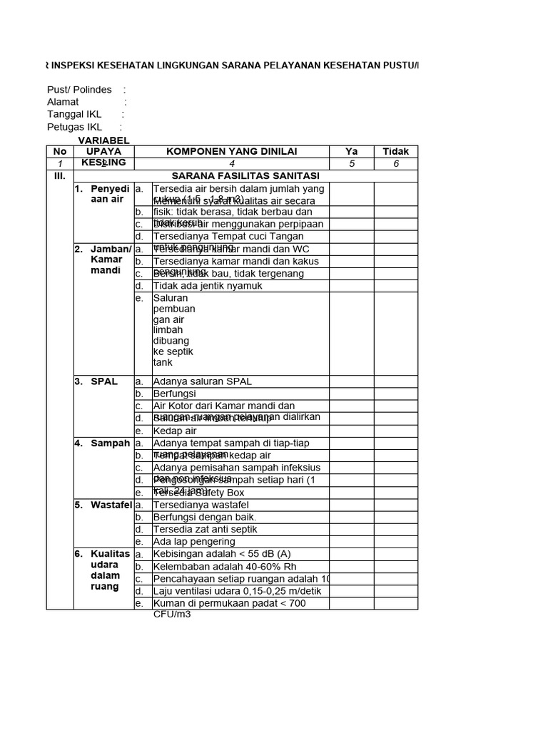 Inspeksi Kesehatan Lingkungan Pustu/Polindes | PDF