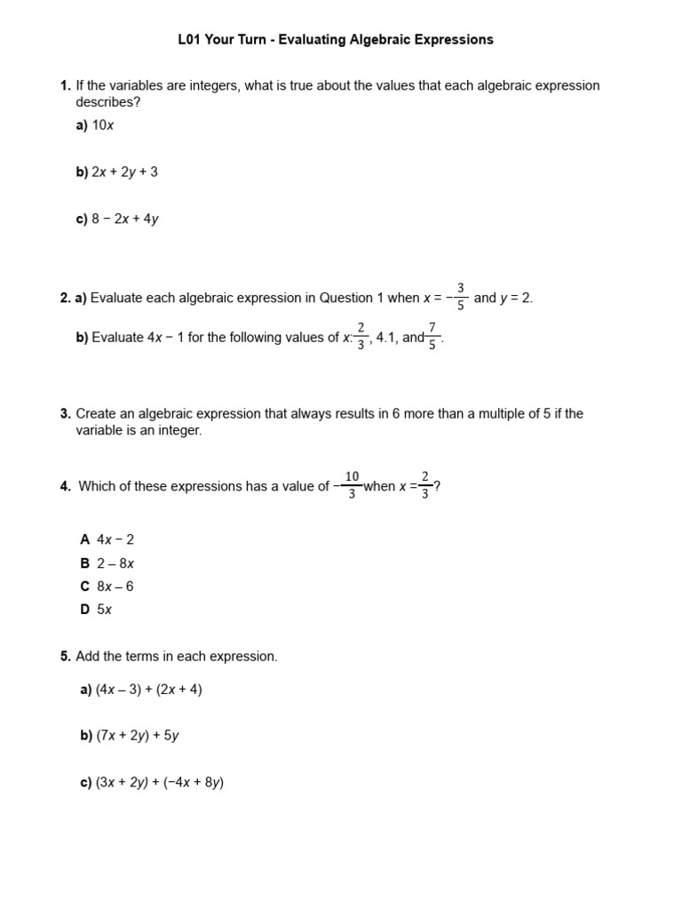 L01 Your Turn - Evaluating Algebraic Expressions | PDF | Integer ...