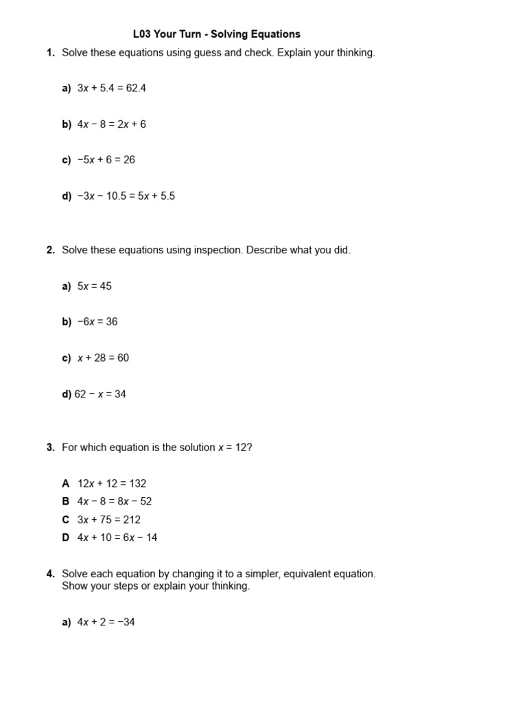 L03 Your Turn - Solving Equations | PDF | Equations | Mathematics