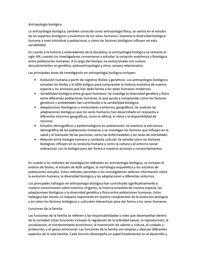 Antropología Biológica y Funciones Familiares | PDF | Biología ...