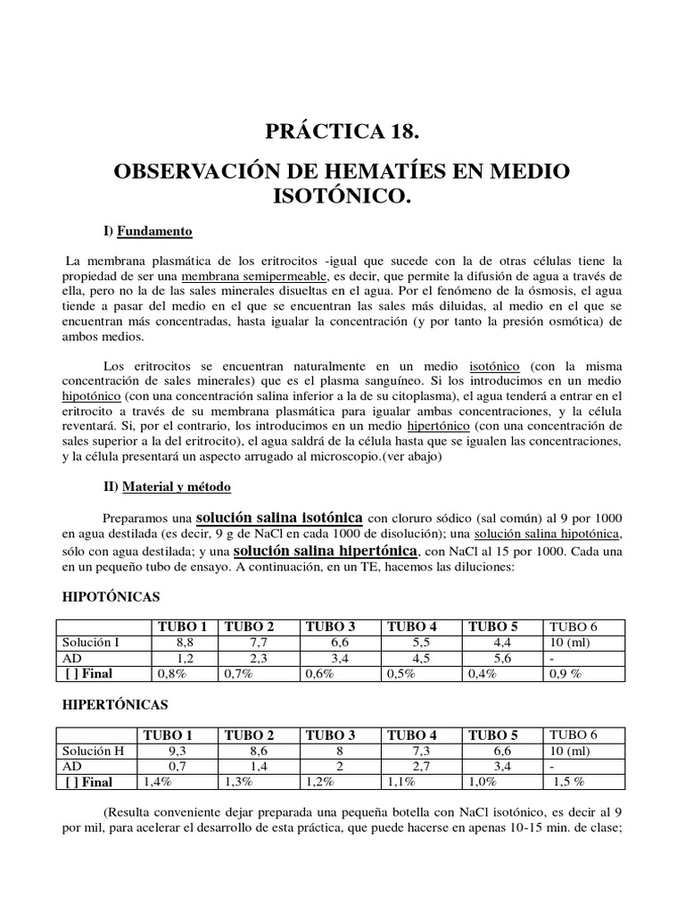 Practica 18. - Observacion de Hematies en Medio Isotonico | PDF | Biología Celular | Química