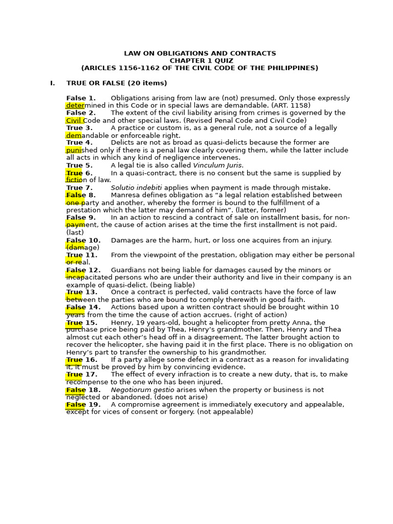 Obligations and Contracts Quiz | PDF | Law Of Obligations | Damages