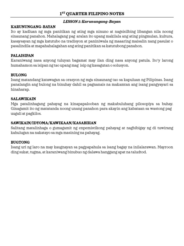1ST Quarter Filipino Notes | PDF