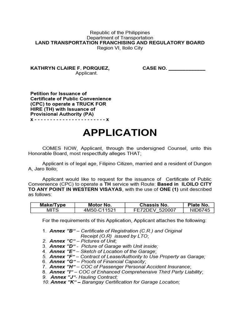 CPC Application for Truck Hire in Iloilo | PDF | Identity Document ...