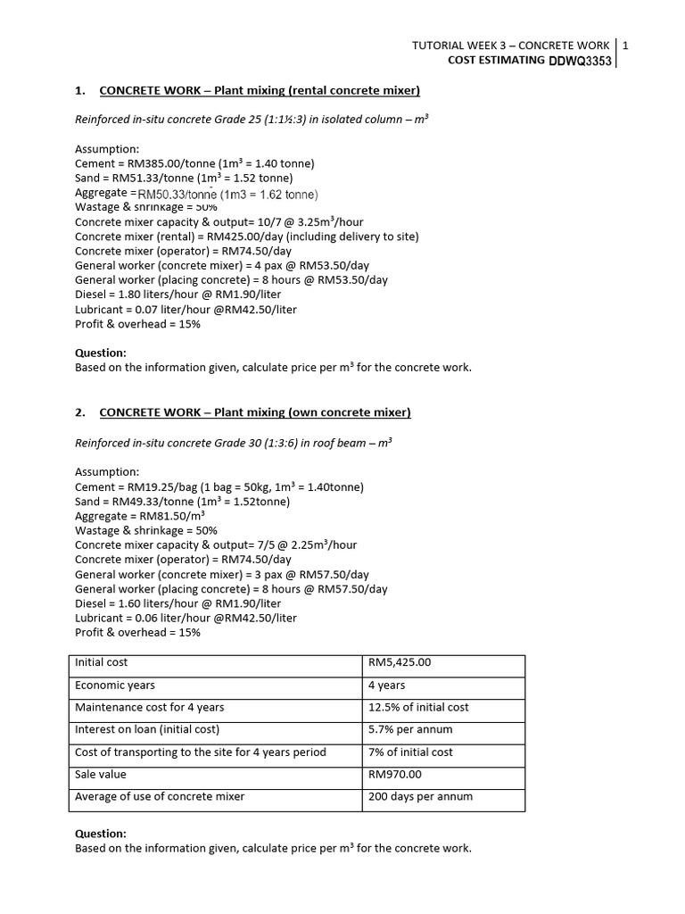 Tutorial Week 3 - Concrete Work | PDF | Concrete | Cost
