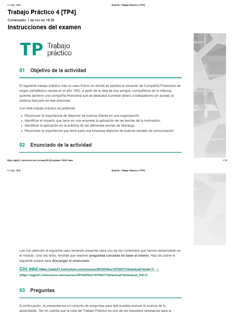 Examen - Trabajo Práctico 4 (TP4) | PDF | Liderazgo | Motivacional