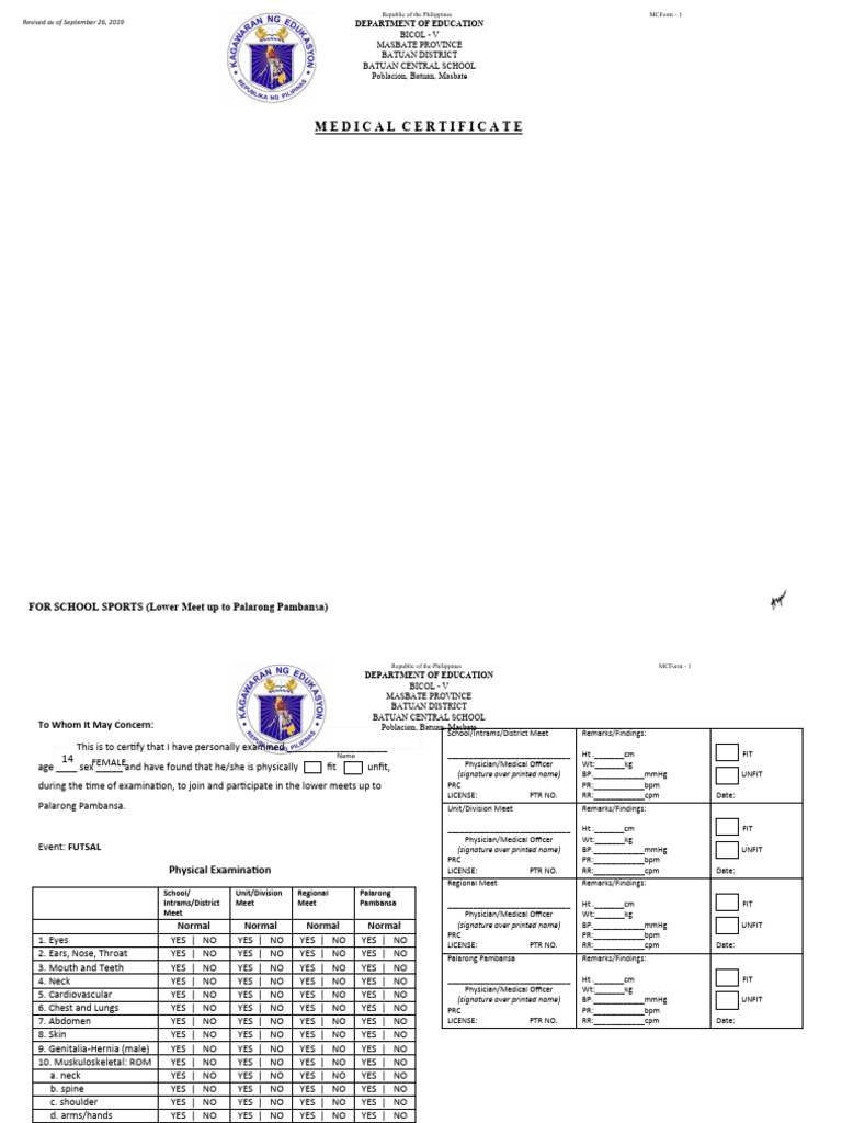 Medical Certificate MC Form 1 All Sports Events | PDF