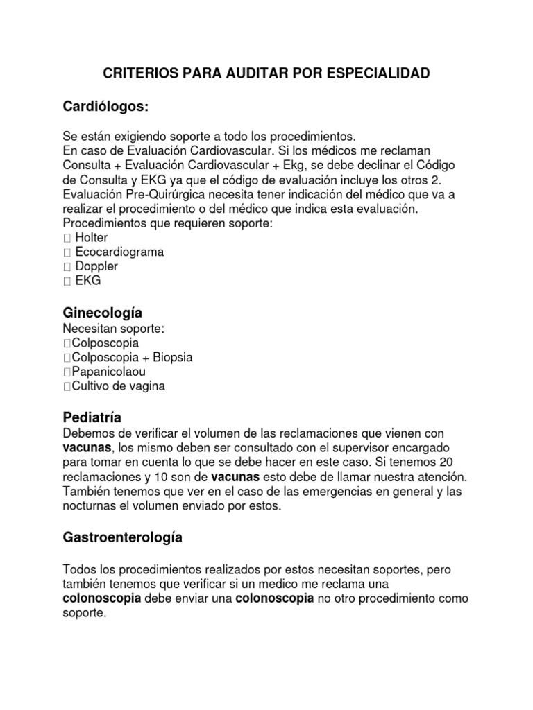 CRITERIOS PARA AUDITAR POR ESPECIALIDAD Enero 2012 | PDF | Medicina ... CRITERIOS PARA AUDITAR POR ESPECIALIDAD Enero 2012 | PDF | Medicina ...