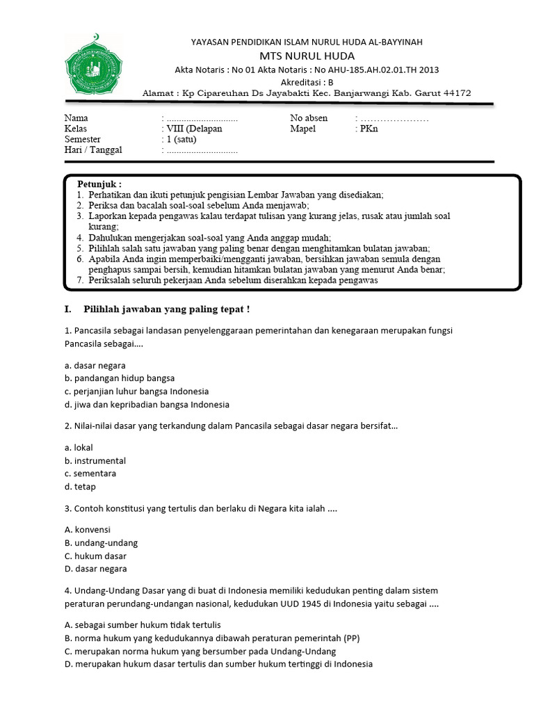 Soal PAS PPKN Kelas 8 | PDF
