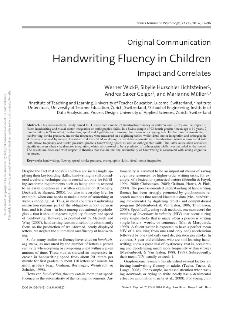 Handwriting Fluency Children - 2014 | PDF | Fluency | Handedness