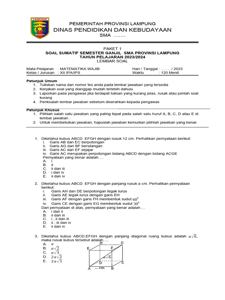1.1 Naskah Soal Paket 1 - Mapel Matematika Wajib - Kelas XII - K13 - Dwi Atmanto | PDF