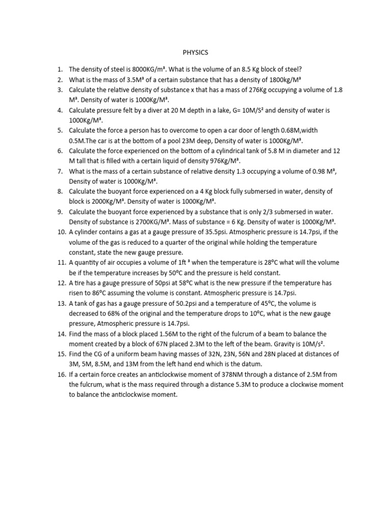 Physics Work Sheet 2 | PDF | Density | Pressure Physics Work Sheet 2 | PDF | Density | Pressure