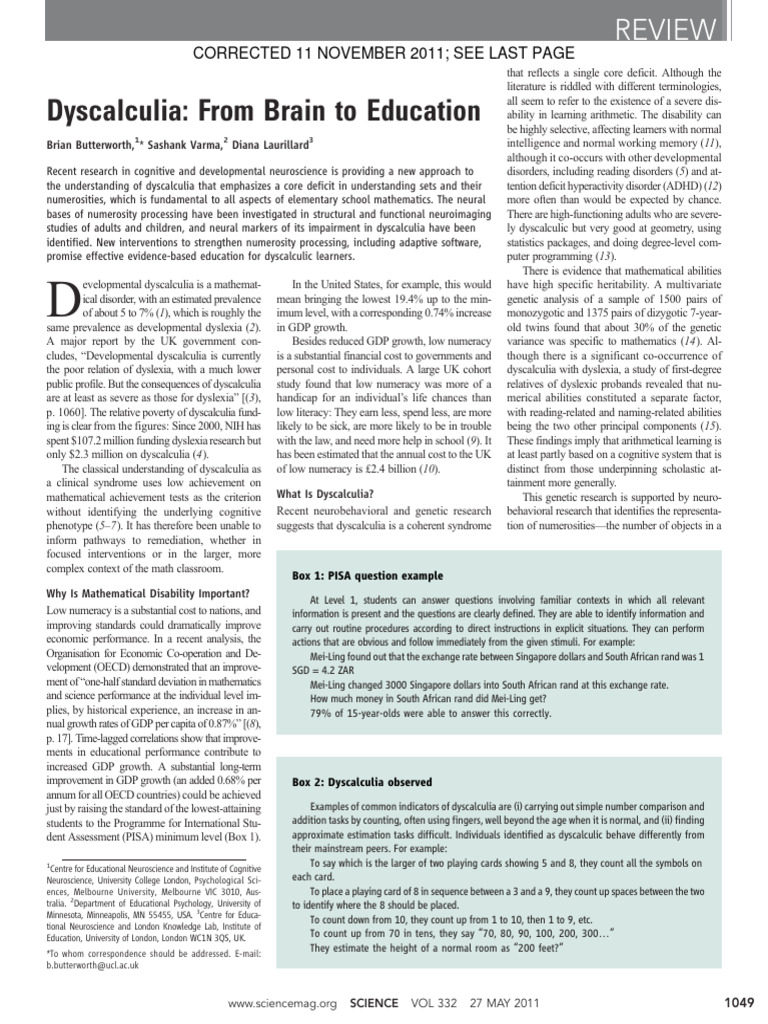 Dyscalculia From Brain To Education | PDF | Parietal Lobe | Learning