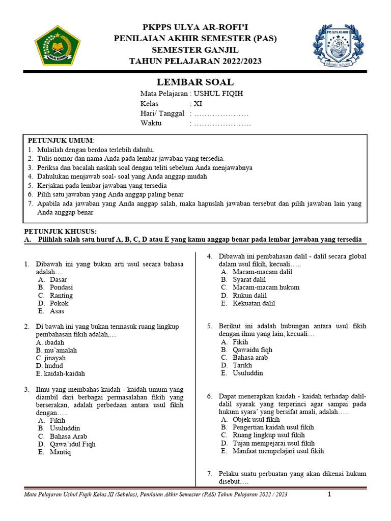 Format Soal Usul Fiqih Xi | PDF