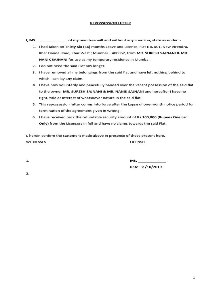Tenant Repossession Confirmation Letter | PDF