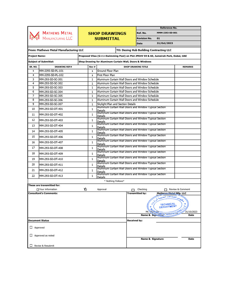 Shop Drawings Submittal: From: Mathews Metal Manufacturing LLC TO: Desing Hub Building ...