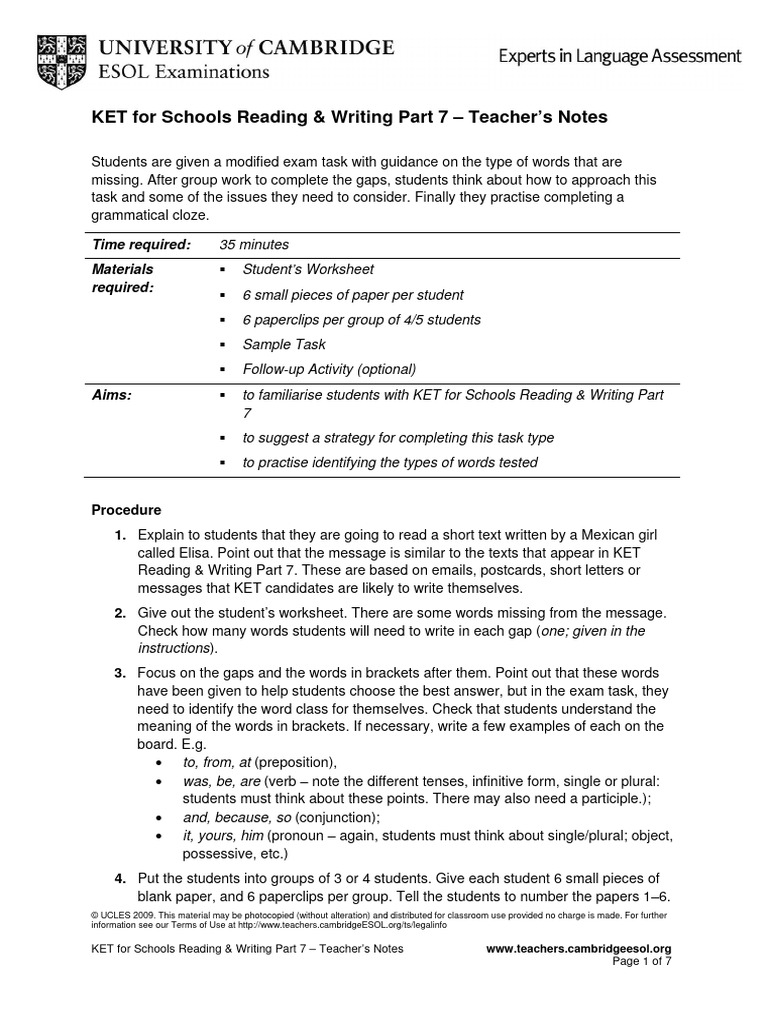 KET Reading & Writing Part 7 Guide | PDF | Linguistics | Grammar
