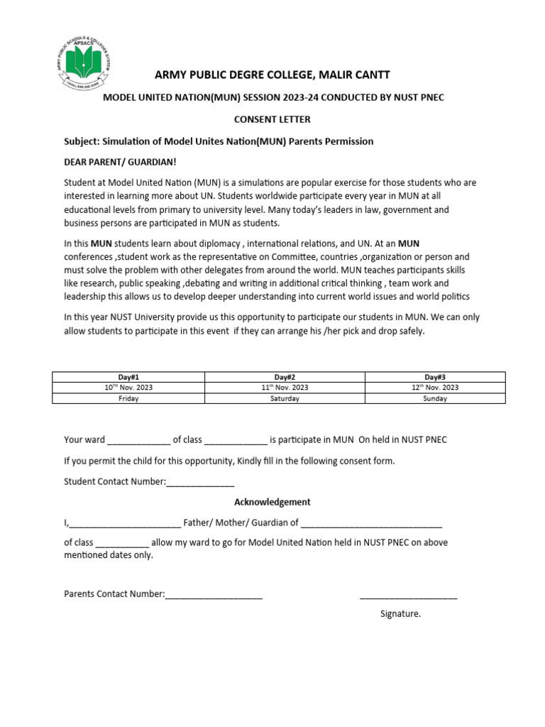 MUN Parental Consent Letter 2023-24 | PDF
